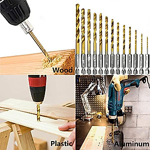 Titanium Twist Drill Bit Set - 13 Pcs Hex Shank High Speed Steel， Premium 4341 HSS Titanium Impact Hex Drill Bits for Wood, Steel, Metal, Plastic, Quick Change Design (1/16”-1/4”)