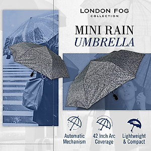 London Fog Mini Rain Umbrella, Automatic Folding Umbrella, Windproof, Lightweight and Packable for Travel, Full 42 Inch Arc, Herringbone