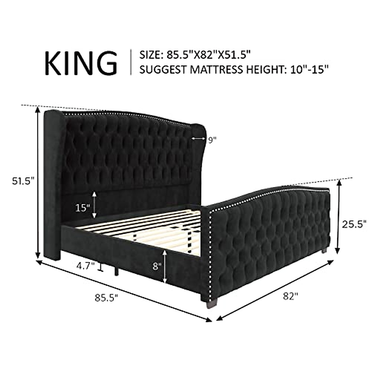 AMERLIFE King Size Platform Bed Frame, Velvet Upholstered Bed with Deep Button Tufted & Nailhead Trim Wingback Headboard/No Box Spring Needed/Black