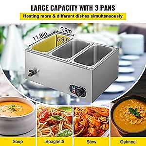 Commercial Food Warmer 110V, 3-Pan Electric Steam Table, Stainless Steel Buffet Bain Marie 16 Quart for Catering and Restaurants