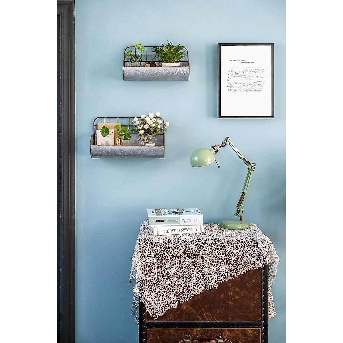 Dahey Farmhouse Galvanized Wall Basket Decor Bathroom Storage Bin Organizer Rustic Metal Wall Planter Wire Back Hanging Shelves for Bedroom Living Room Kitchen Apartment Entryway Laundry, Set of 2