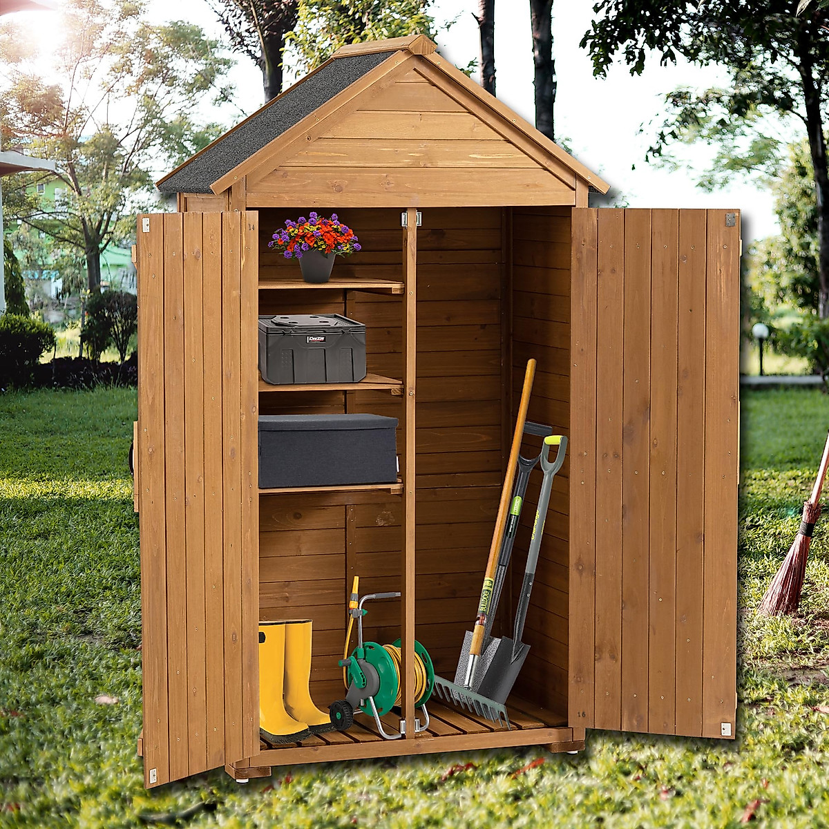 Jaxilyn 5.8ft x 3ft Outdoor Storage Cabinet,Garden Wood Tool Shed, Wood Lean-to Storage Shed Tool Organizer with Waterproof Asphalt Roof, Lockable Doors, 3-Tier Shelves for Backyard,Brown