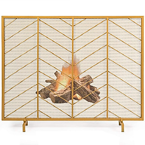 Tangkula Fireplace Screen, Contemporary Chevron Freestanding Fireplace Screen w/Sturdy Wrought Iron Frame, Gold-Tone Fire Spark Guard Gate w/Metal Decorative Mesh for Outdoor or Indoor Use
