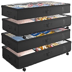 EnHomee Under Bed Storage with Wheels Underbed Storage with Wheels Under Bed Storage Containers with Clear Windows 134 QT Double Layer Large Capacity Under Bed Storage with Sturdy Handle (Black 2Pcs
