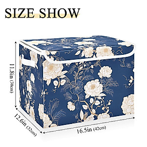 ALAZA Storage Bins Organizer Box Baskets Lidded Clothes for Shelves Closet Peony Navy Collapsible Stackable Storage Cubes Handles