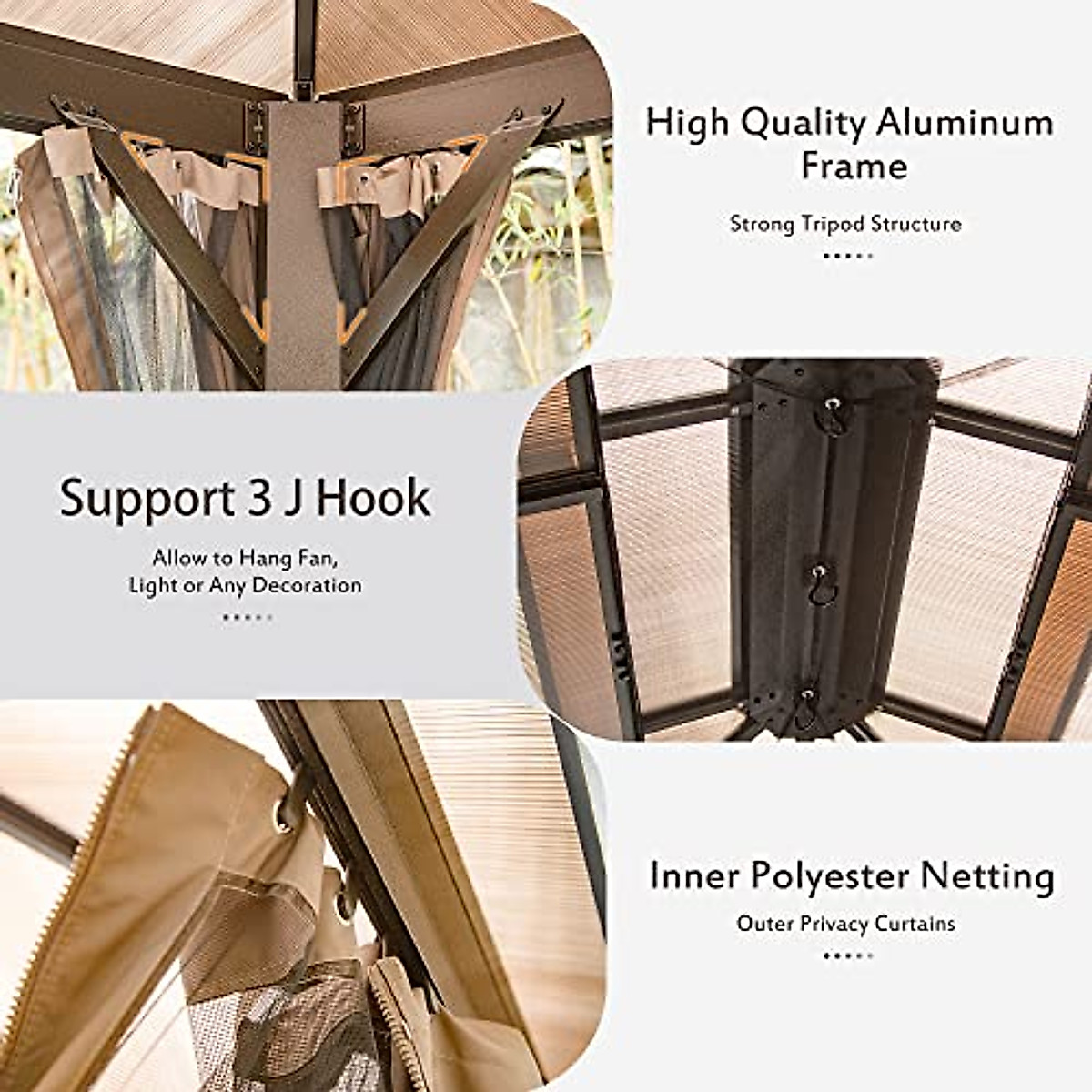 Domi Outdoor Living 12’ x 16’ Hardtop Gazebo, Outdoor Aluminum Frame Canopy with Polycarbonate Double Roof, Outdoor Permanent Metal Pavilion with Curtains and Netting for Patio, Backyard and Lawn