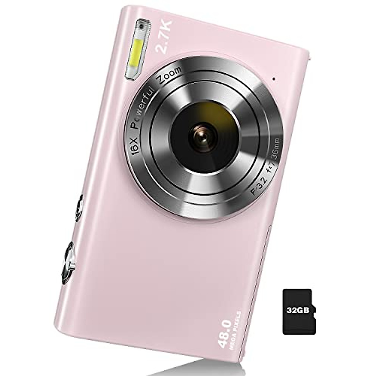 Digital Camera Auto Focus 2.7K 48MP Digital Point and Shoot Camera with 32GB Memory Card,16X Zoom, Time Lapse Vlogging Camera Digital Cameras for 8-15 Years Kids Teenagers Students Boys Girls,Pink