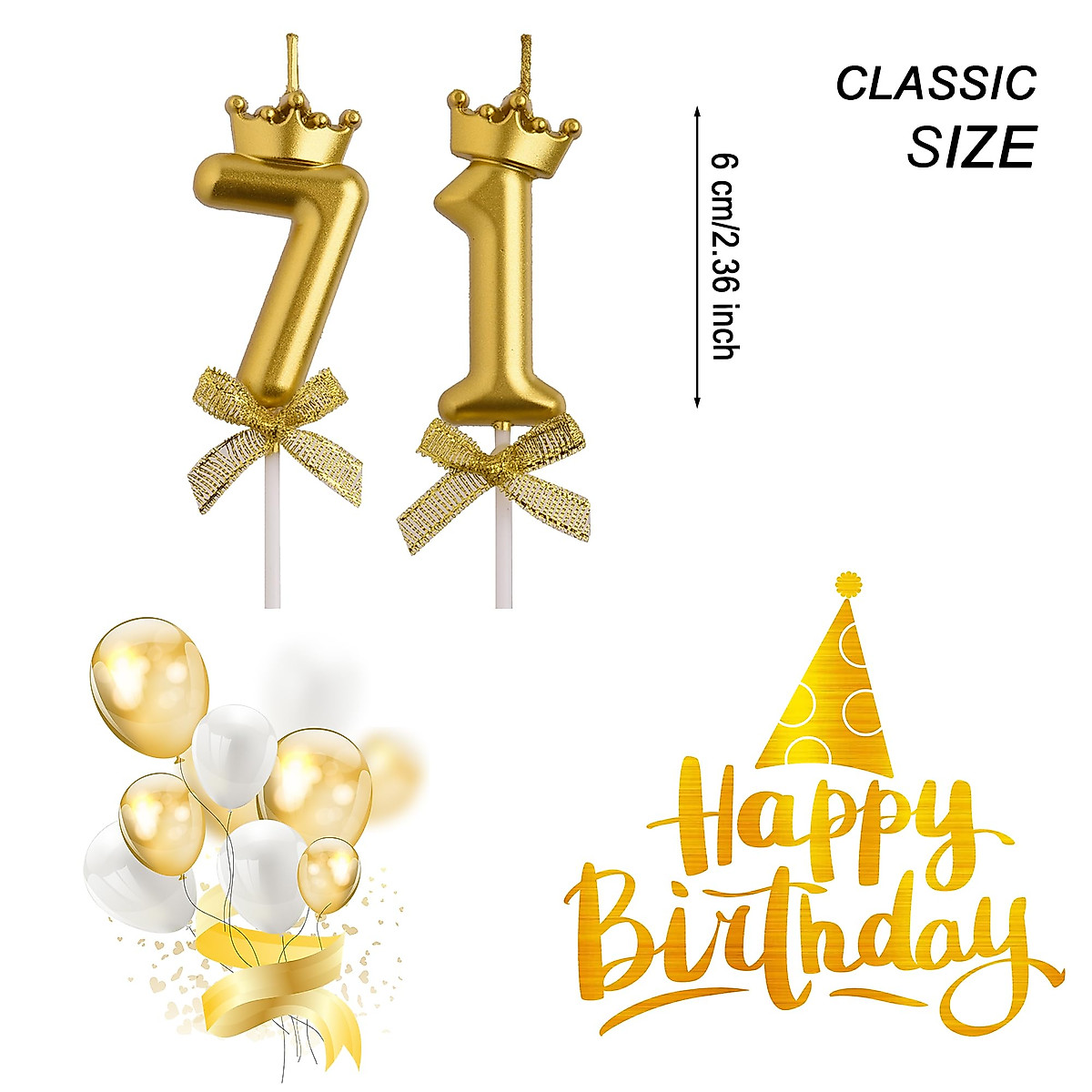 AOOLADA 71st Birthday Candles, Gold 71 Year Old Number Birthday Candles, Happy Birthday Cake Topper Gifts Party Decorations for Men Women