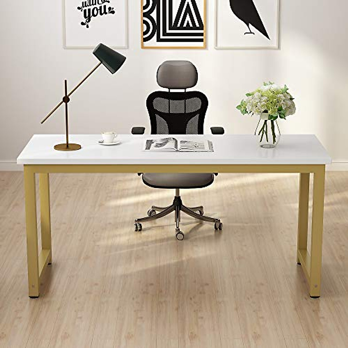 Tribesigns Computer Desk, Large Office Desk, Study Writing Table for Home Office, Easy Assemble, White Gold, 65 X 23.6 inch