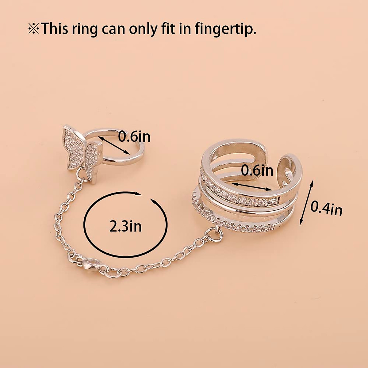 Xerling Delicate Butterfly Statement Rings for Women Bling Crystal Rhinestones Finger Ring for Teen Girls with Chain Tassel Finger Tip Rings Aesthetic Nail Rings (Type B)