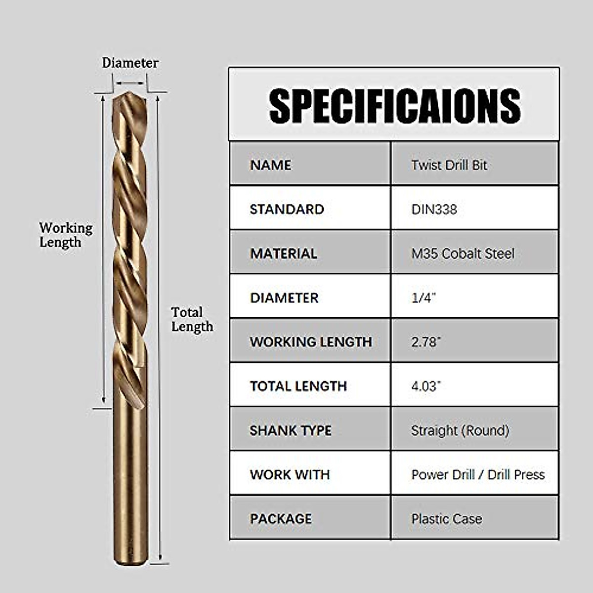 Hymnorq 1/4 Inch Fractional Size M35 Cobalt Steel Twist Drill Bit Set of 10pcs, Jobber Length and Straight Shank, Extremely Heat Resistant, Suitable for Drilling in Stainless Steel and Iron