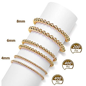1200 Pieces Beads Ball Round Beads Beaded Spacer Beads Seamless Smooth Loose Ball Beads for Stackable Bracelet Jewelry Craft Making, 8 mm, 6 mm, 4 mm (Gold)