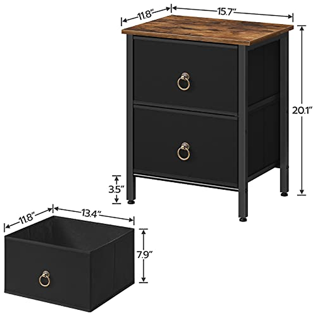 HOOBRO Nightstand, 2 Drawer Dresser for Bedroom, End Tables with Fabric Storage Drawer, Small Dresser Furniture, Night Stand, Side Table for Bedroom, Closet, Entryway, Rustic Brown and Black BF82BZ01