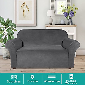 Turquoize Velvet Loveseat Covers Stretch Love Seat Couch Covers for 2 Cushion Couch Velvet Sofa Cover with Non Slip Elastic Bottom Furniture Cover Crafted from Soft Fabric (Loveseat, Gray)