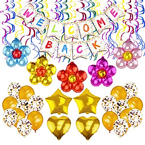 Welcome Back Sign Banner Decoration Kit Including Welcome Back Banner Flower Star Heart Shape Balloons Gold Confetti Glitter Balloons and Hanging Swirls for Home, School, Office Party Decor Supplies