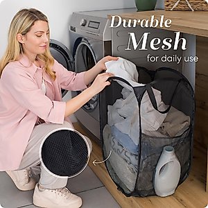 Handy Laundry Collapsible Mesh Pop Up Hamper with Wide Opening and Side Pocket – Breathable, Sturdy, Foldable, and Space-Saving Design for Clothes and Storage. (Black | 2-Pack)