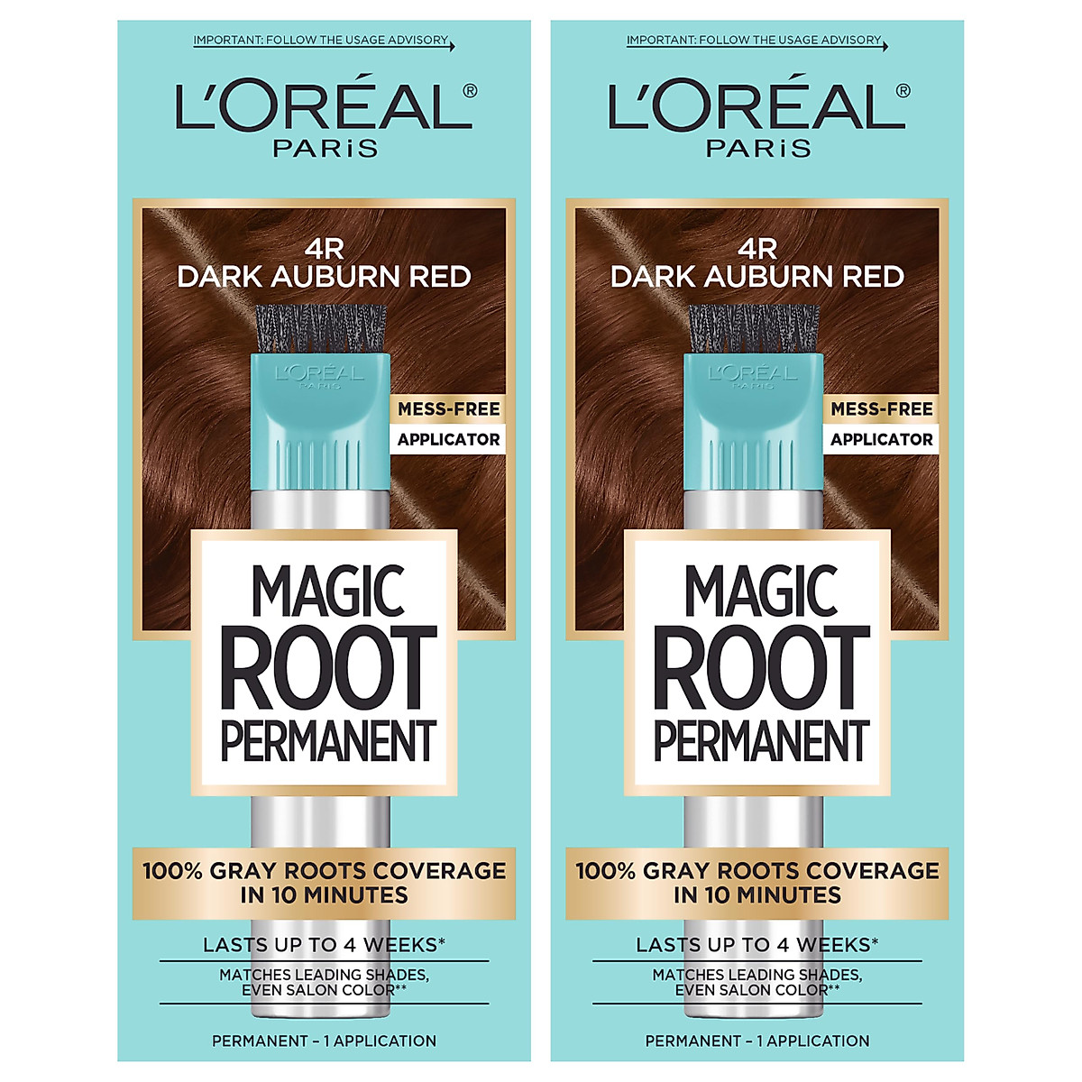 L’Oréal Paris Magic Root Permanent Hair Color, 10 Minute Hair Dye Kit to Rescue Roots with 100% Gray Hair Coverage, 4R Dark Auburn Red, 2 Pack (Packaging May Vary)