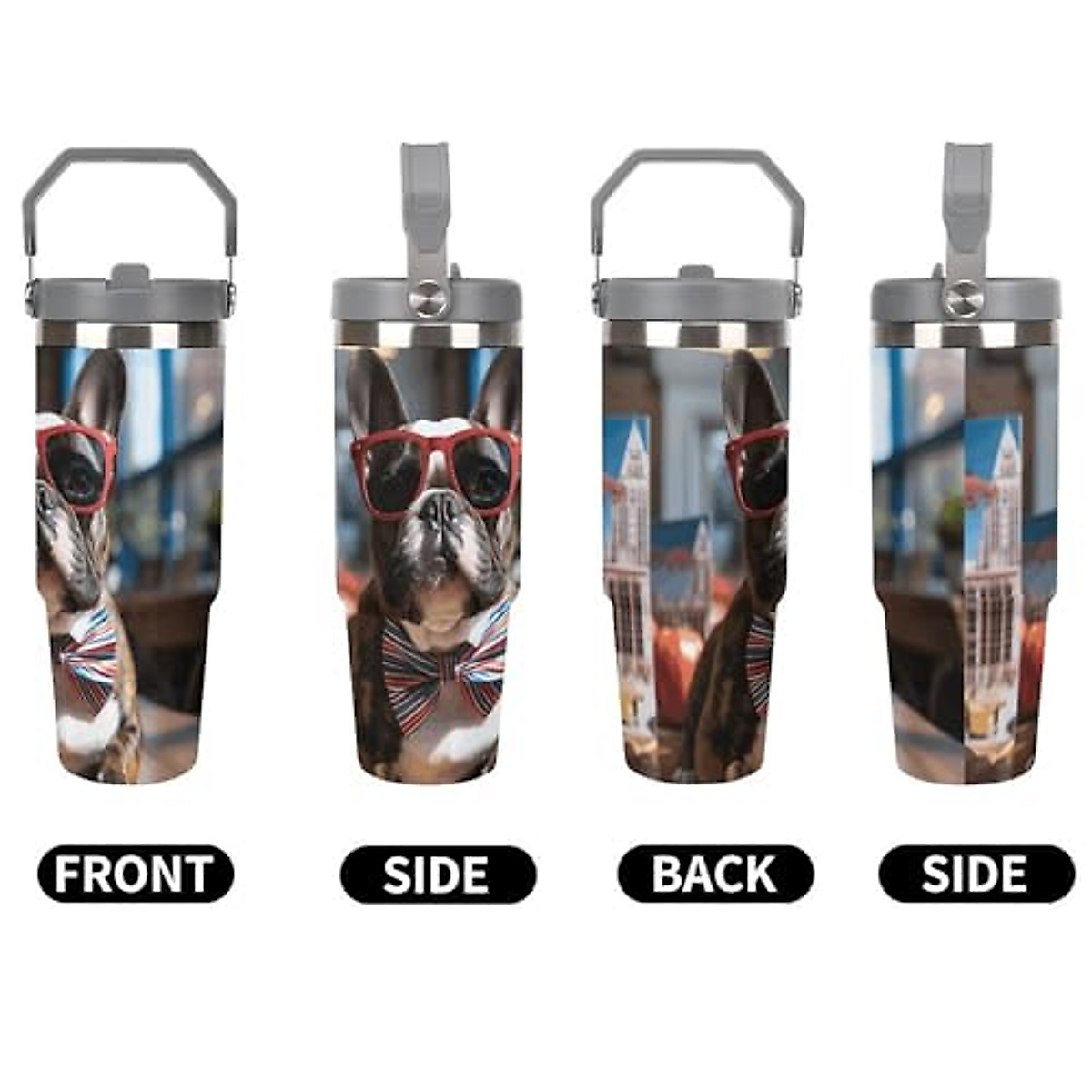 30oz Stainless Steel Insulated Tumbler with Flip Lid & Straw, Leakproof Travel Mug for Car, French Bulldog Wearing Sunglasses Double Wall Vacuum Thermal Coffee Cup with Handle, Spill-Proof Design for