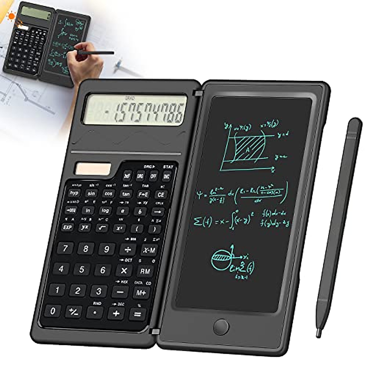 Scientific Calculators with Erasable Writing Tablet, HUIJUTCHEN Foldable 10 Digit Desk Calculator, Solar and Battery Powered, Back to School Supplies for Middle School, High School & College Students