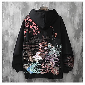 Women Men Aesthetic Japanese Sakura Hoodie, Y2K Anime Harajuku Cloth Korean Hooded Long Sleeve Sweatshirt for Winter Fall (Black,XL,X-Large)