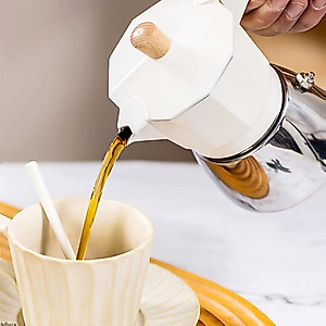 ADBZEN Moka Pot Stovetop Espresso Coffee Maker 3 Cups Stainless Steel Moka Pot Natural Wood Handle (White)