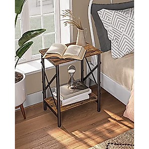 ALLOSWELL Small Side Table, End Table with Storage Shelf, 14.6 x 10.6 x 19.9 Inches, Nightstand X-Shaped Design, Bedside Table, Steel Frame, Living Room, Bedroom, Easy Assembly, Rustic Brown ETHR2801