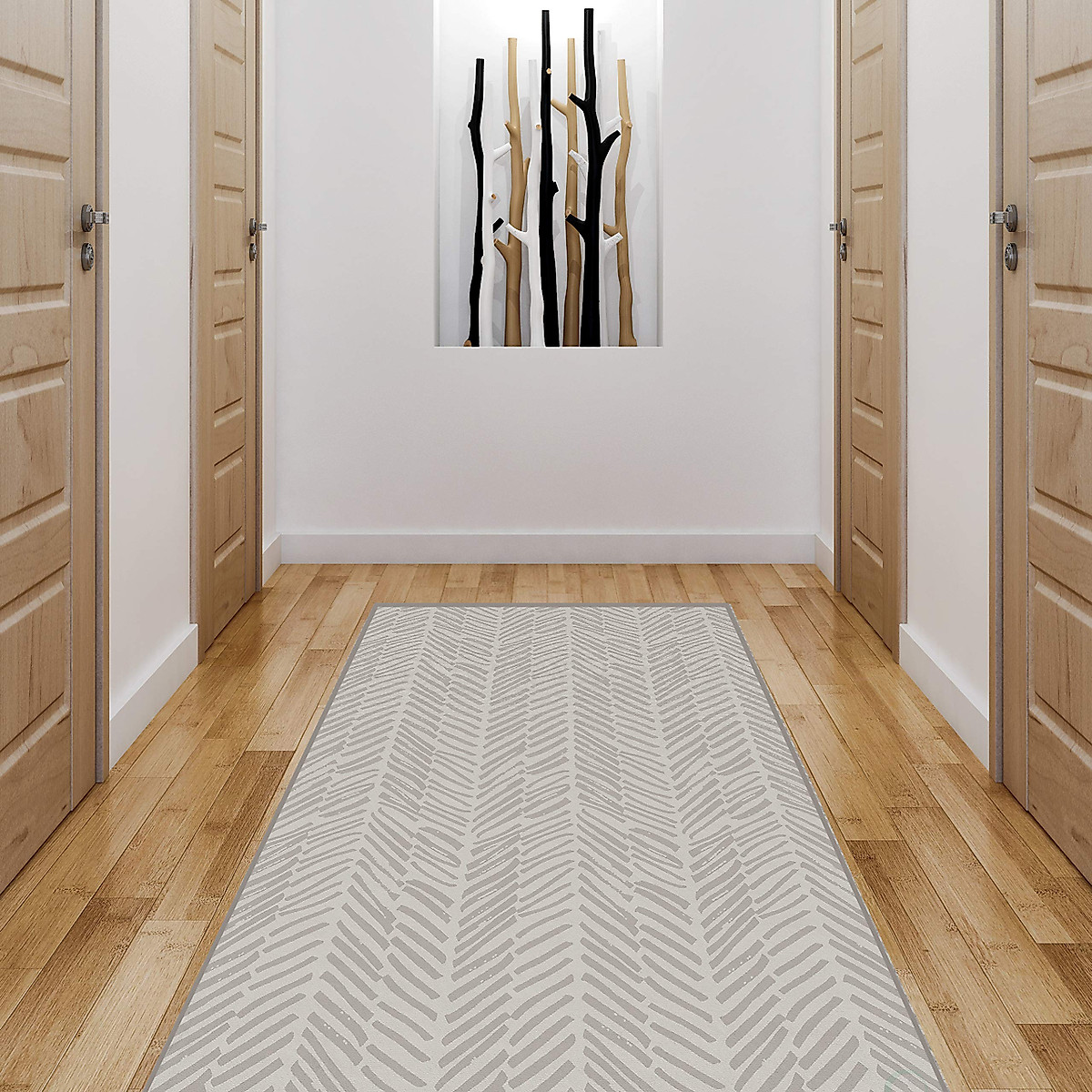DEERLUX Modern Living Room Area Rug with Nonslip Backing, Abstract Beige Chevron Strokes Pattern, 2.5 x 6.5 Ft Runner