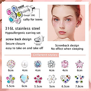 SAILIMUE 12 Pairs Hypoallergenic Screw Back Earrings for Women Surgical Steel Cute Heart CZ Flower Pearl Ball Tiny Screwback Stud Earring