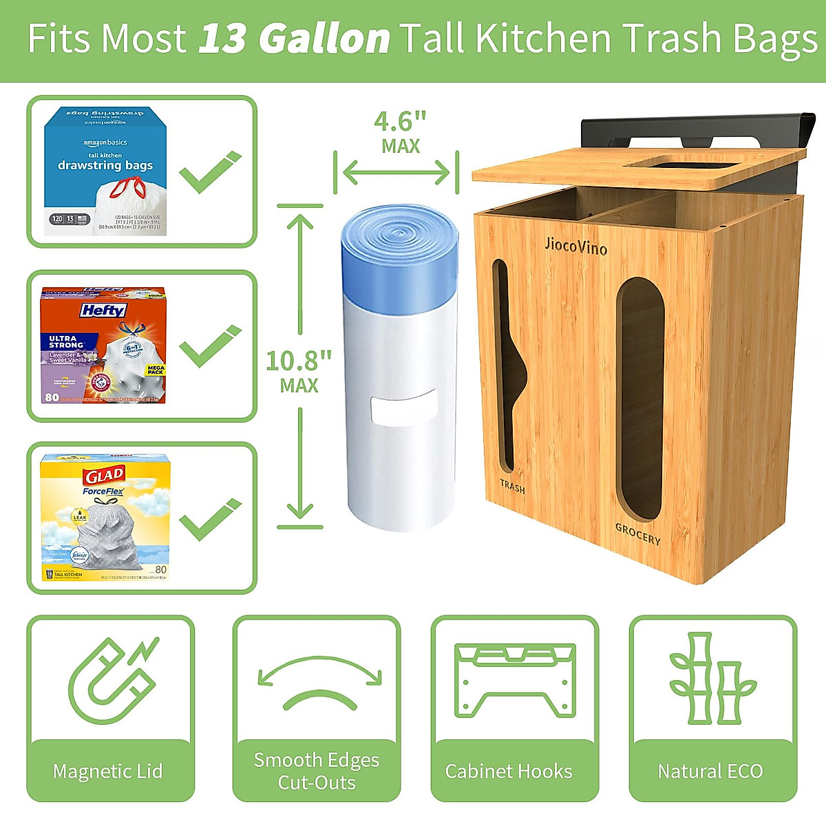 JiocoVino Grocery Bag Holder & Trash Bag Dispenser, Bamboo 2 in 1 Plastic Bag Holder for Grocery Bags and Garbage Bags, Kitchen Under the Sink Organizers and Storage, Fits 13 Gallon Trash Bag