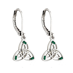Biddy Murphy, Traditional Irish Tara Trinity Knot Dangle Earrings for Women, Silver Rhodium Plated with Emerald Green Crystal, Celtic Jewelry Made in Ireland by Artisan Jewelers