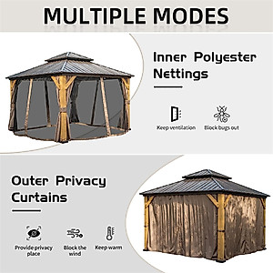 DHPM 12' x 12' Gazebo Polycarbonate Double Roof Canopy Outdoor Aluminum Frame Pergola, Permanent Pavilion with Netting and Curtains for Garden Patio Lawns Parties