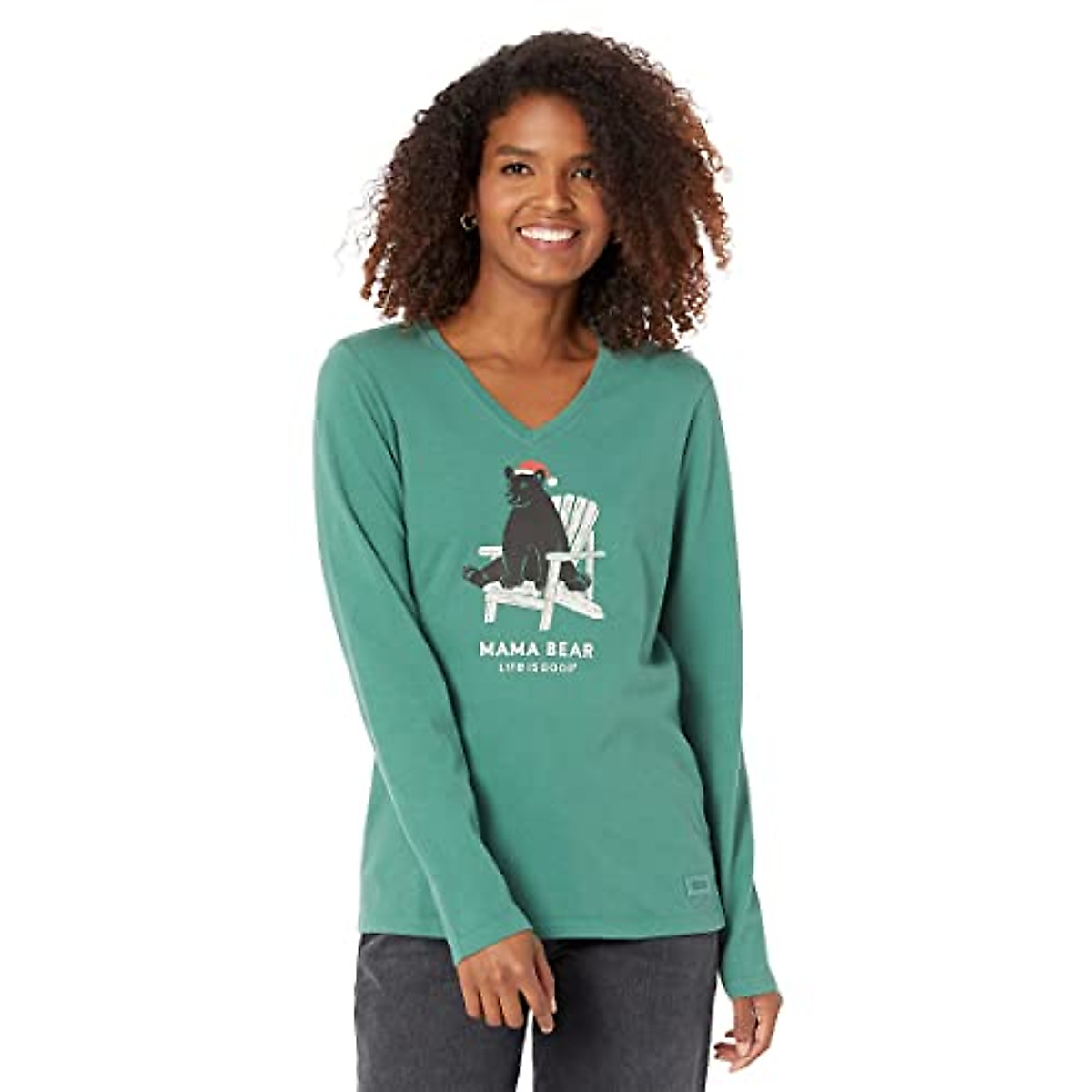 Life is Good Women's Long Sleeve Crusher Vee (Holiday Adironda - Spruce Green, X-Large)