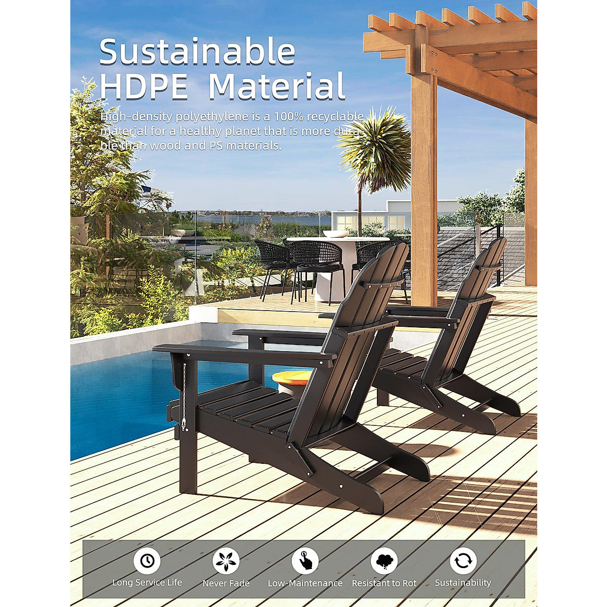 Folding Adirondack Chair - Durable HDPE Poly Lumber All-Weather Resistant, Foldable Oversized Balcony Porch Patio Outdoor Chair for Lawn, Backyard, Deck, Garden, Camping - Easy Installation, Black