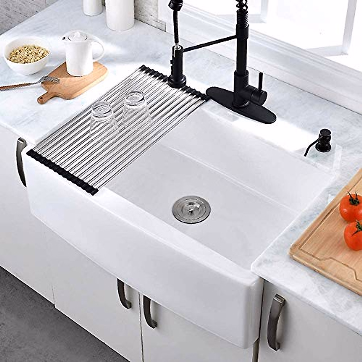 33 Inch White Farmhouse Sink-Hovheir 33x21 Fireclay Farmhouse Kitchen Sink Handcrafted Apron Front Farmhouse Sink Single Bowl Farm Sink White Farmers Sink Extra Deep Wide Curved Front Rustic Sink