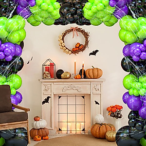 YAOWKY 135Pcs Halloween Balloons Garland Arch Kit, Black and Purple Lime Green Balloons with Spider Web for Halloween Birthday Party Decorations