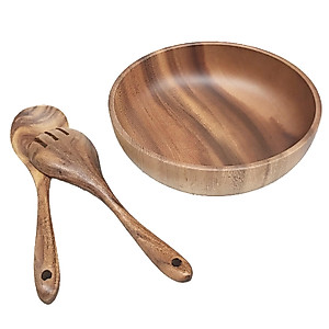 XD MEXL Wooden Bowl Wooden Salad Bowl Set, 9.45 inch Acacia Wood Large Salad Serving Bowl with Fork and Spoon, Handmade Wooden Mixing Bowl Utensils Set (3pcs)