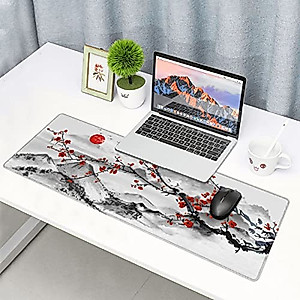 Japanese Sakura Cherry Blossom Mouse Pad XXL Full Desk Mousepad Extended Large Non-Slip Rubber Base Big Keyboard Mat with Stitched Edges for Gaming and Office（31.5 X 11.8 Inch 3mm）