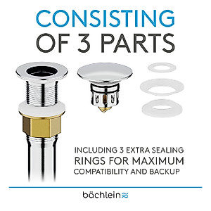 Bächlein Bathroom Sink Drain Without Overflow - Sink Stopper with Pop Up Function - Chrome Pop Up Bathroom Sink Drain incl. 3 Extra Seals and Installation Manual - German Brand