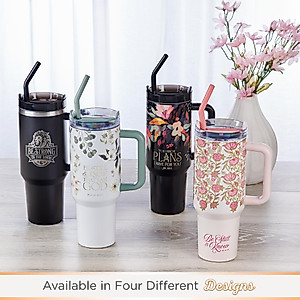 Christian Art Gifts Extra Large Stainless Steel Double Wall Vacuum Insulated Travel Tumbler for Women: Hope & Future Inspirational Scripture, Lid, Straw, Sturdy Handle, Black Multicolor Floral, 40 oz.