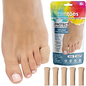 ZenToes 5 Pack Toe Caps Closed Toe Fabric Sleeve Protectors with Gel Lining, Prevent Corn, Callus and Blister Development Between Toes, Soften and Soothe The Skin (Size Small)