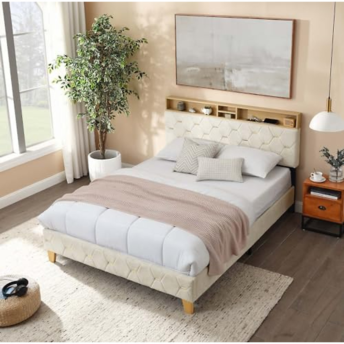 Gee Wuo Queen Size Upholstered Platform Bed, Platform Bed Frame with Outlets and USB Ports, Modern Upholstered Storage Headboard, Solid Wood Legs, No Box Spring Bed for Bedroom (Beige, Queen)