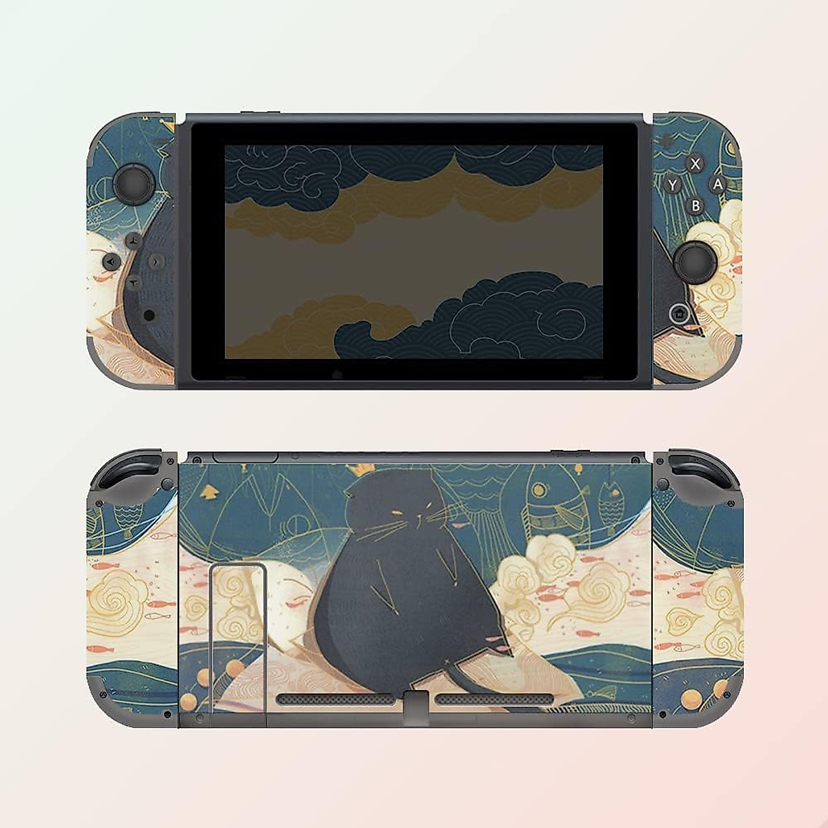 BelugaDesign Fat Cat Switch Skin | Pastel Sticker Wrap Vinyl Decal | Cute Kawaii Animal Leaves Cartoon Full Set Compatible with Nintendo Switch (Switch Standard, Multicolored)