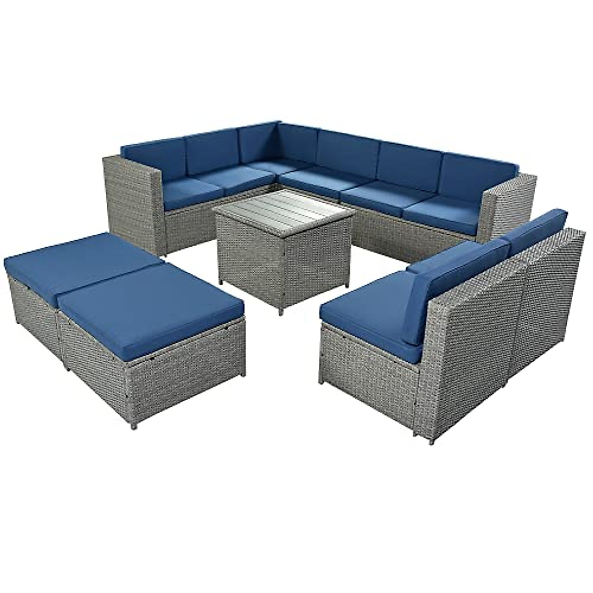 9 Piece Rattan Sectional Seating Group with Cushions and Ottoman, Patio Furniture Sets, Outdoor Wicker Sectional, Grey Ratten+Blue Cushions
