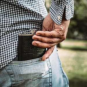 Rush1 8oz Leather Flask for Men – Custom American Flag Skull Design – Wrap Stainless Steel Set with Funnel and 2 Shot Glasses – Ideal for Whiskey or any Liquor.