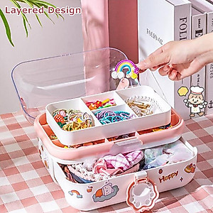 Cute Girls Hair Accessories Storage Organizer Box with Stickers, 3-Layers Plastic Hair Ties Holder Hair Clips Container Headbands Organizer Gift for Baby Girls, White+Pink (Without Accessories)