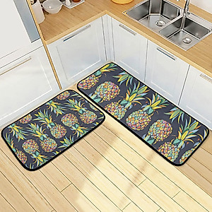 Pineapples Kitchen Rugs and Mat 2 Pieces Set Cushioned Anti Fatigue Kitchen Mat Non Slip Doormat Runner Carpet Washable Farmhouse Decor for Kitchen Floor Home Office Laundry