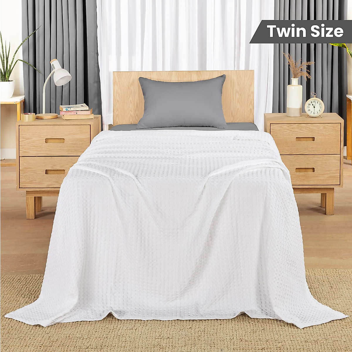Utopia Bedding Cotton Waffle Blanket 300 GSM (White - 90x72 Inches) Soft Lightweight Breathable Bed Blanket Twin Size Layering Any Bed for All Season