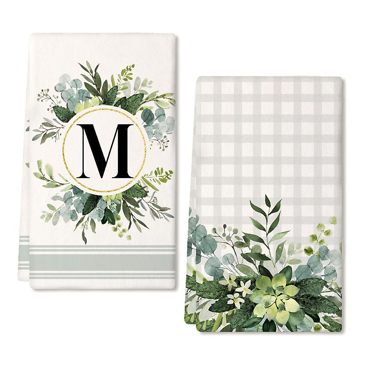 GEEORY Monogram Letter M Kitchen Towels for Home Decor Eucalyptus Leaves Family Last Name Initial Dish Towels 18x26 Inch Ultra Absorbent Bar Drying Cloth Hand Towel Bathroom Decorations Set of 2