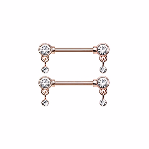 14GA Stainless Steel CZ Crystal Dangle Barbell Nipple Rings, Sold as a Pair (Rold Gold Tone/Clear)
