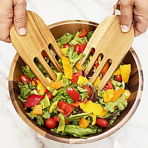 Acacia Wood Salad Serving Bowl 12” with Salad Hands 3 Piece Set by Woodard & Charles